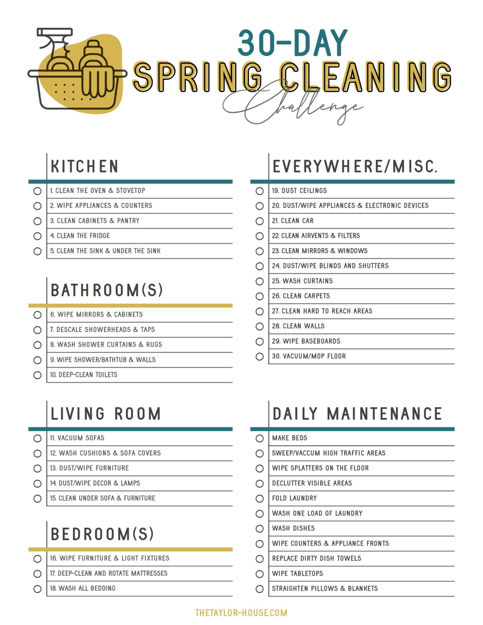 30 Day Spring Cleaning Challenge + FREE Printable Calendar | The Taylor ...